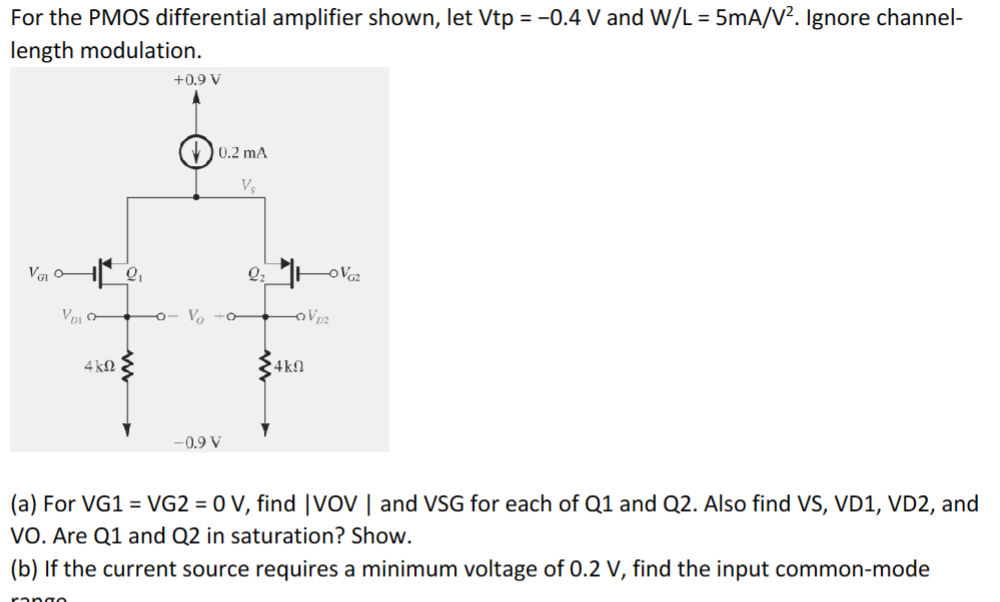 Solved (a) ﻿For VG1 = ﻿VG2 =0V, ﻿find |VOV| ﻿and VSG for | Chegg.com