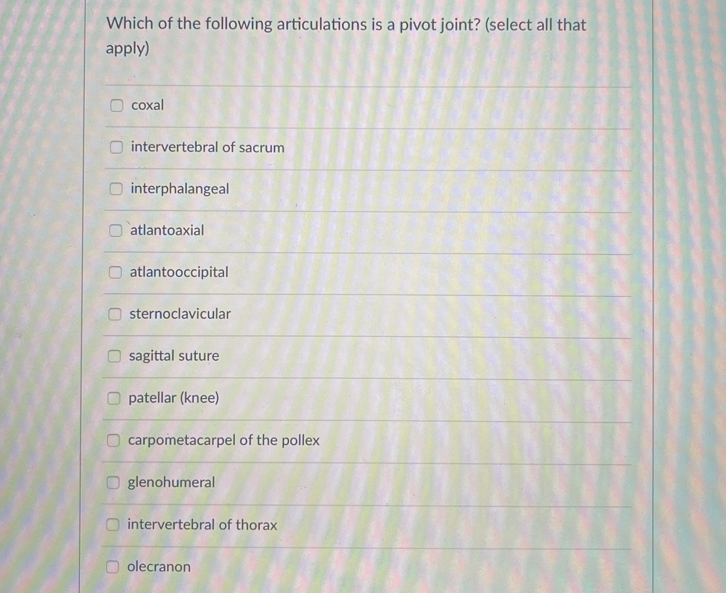 Solved Which of the following articulations is a pivot | Chegg.com