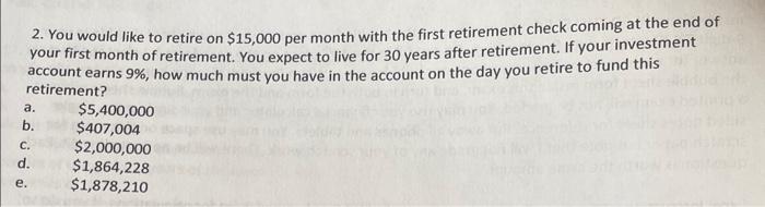 Solved 2. You would like to retire on $15,000 per month with | Chegg.com