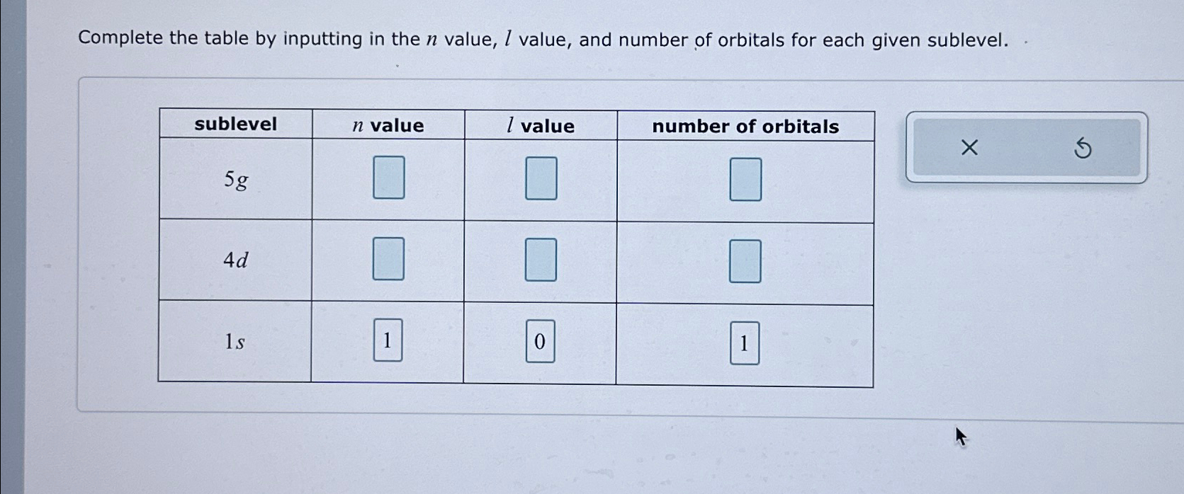 Solved Complete the table by inputting in the n ﻿value, l | Chegg.com