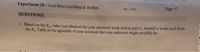 Solved Experiment 20. Acid-Base Equilibria & Buffers (rev. | Chegg.com
