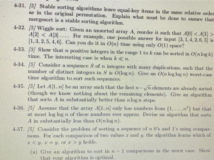 4-31. [5] Stable sorting algorithms leave equal-key | Chegg.com