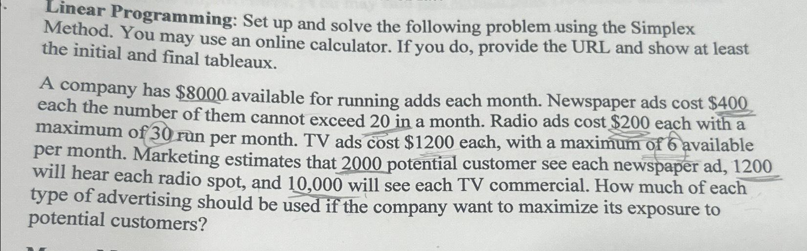 Solved Linear Programming: Set up and solve the following | Chegg.com