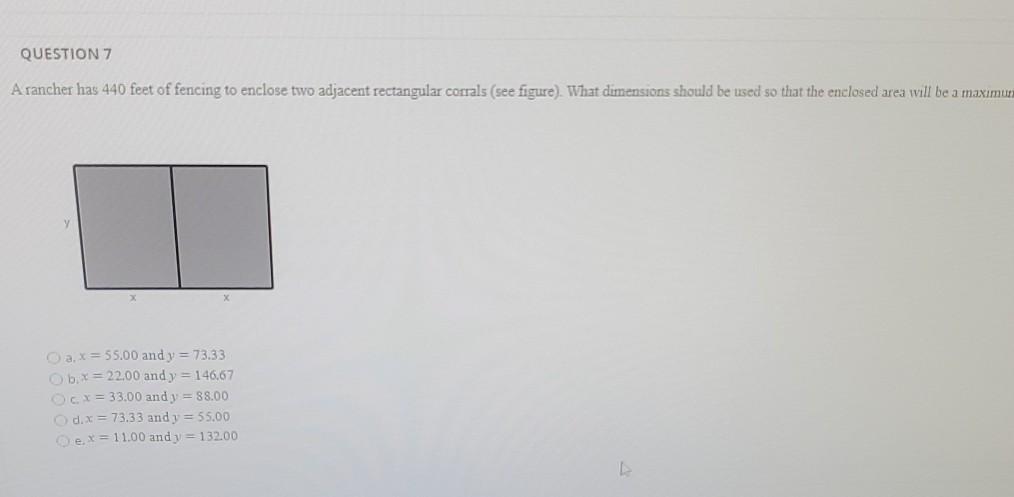 Solved QUESTION 7 A rancher has 440 feet of fencing to | Chegg.com