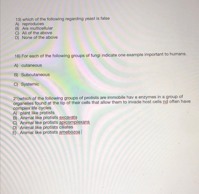 Solved 13) which of the following regarding yeast is false | Chegg.com