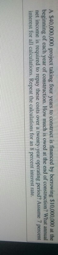 Solved A $40,000,000 project taking four years to construct | Chegg.com