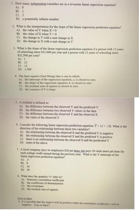 Solved 1. How many independent variables are in a bivariate | Chegg.com