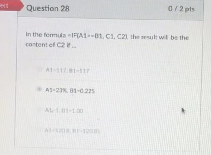 Solved ect Question 28 0/2 pts In the formula -IF(A1>=B1, | Chegg.com