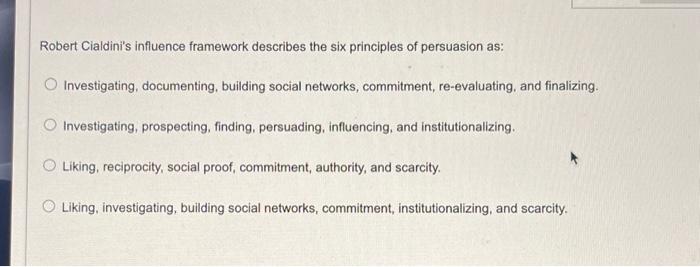Solved Robert Cialdini's influence framework describes the | Chegg.com