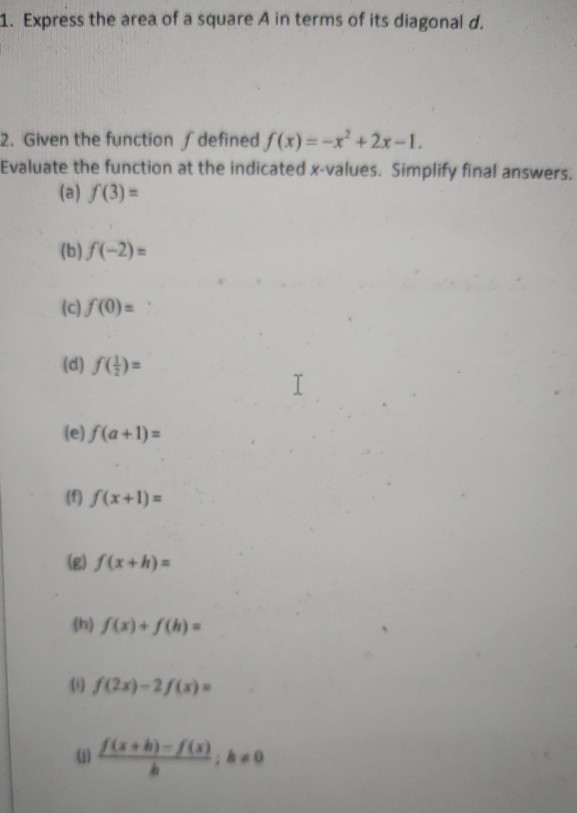 Solved 1. Express the area of a square A in terms of its | Chegg.com