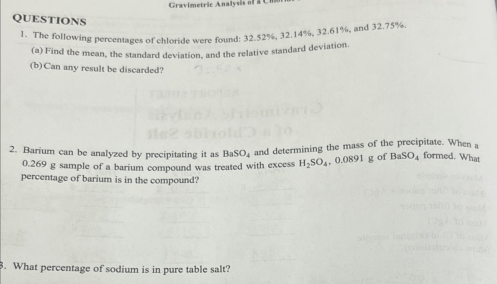Solved QUESTIONSThe following percentages of chloride were | Chegg.com