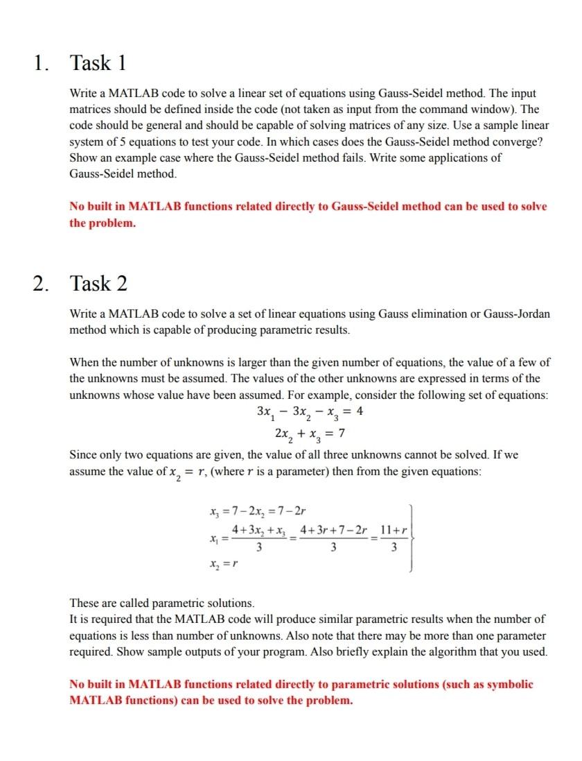 Solved 1. Task 1 Write a MATLAB code to solve a linear set | Chegg.com