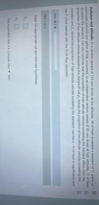 Solved dlo Pollution and altitude: In a random sample of 310 | Chegg.com