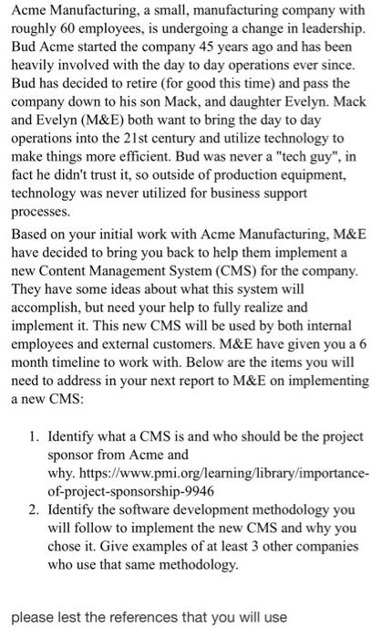 Solved Acme Manufacturing, a small, manufacturing company | Chegg.com