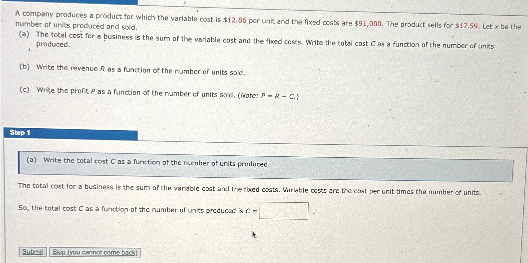 Solved A company produces a product for which the variable | Chegg.com
