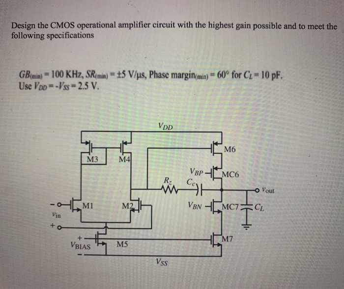 Design the CMOS operational amplifier circuit with | Chegg.com