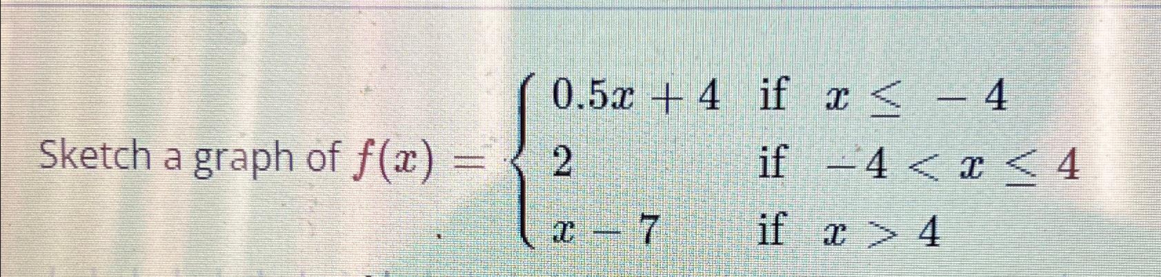 Solved Sketch a graph of f(x)={0.5x+4 if x≤-42 if -44 | Chegg.com