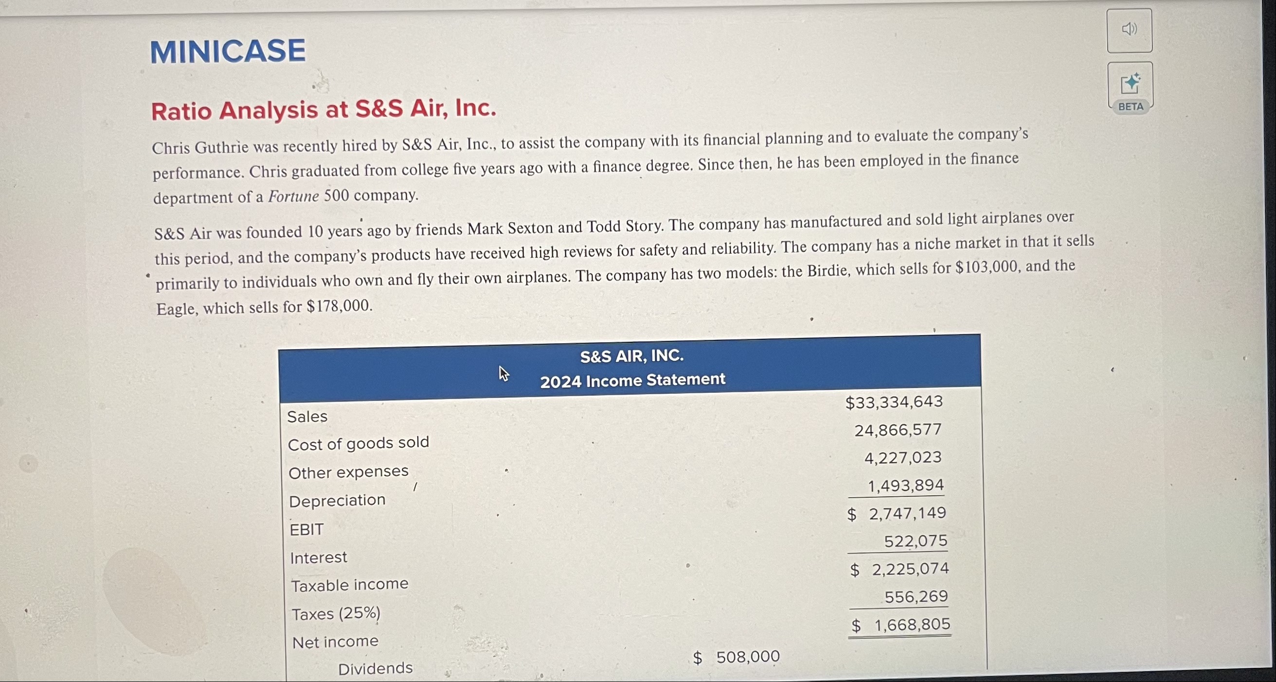 Mini case Ratio analysis at s&s ﻿Air Inc 2024 ﻿this | Chegg.com