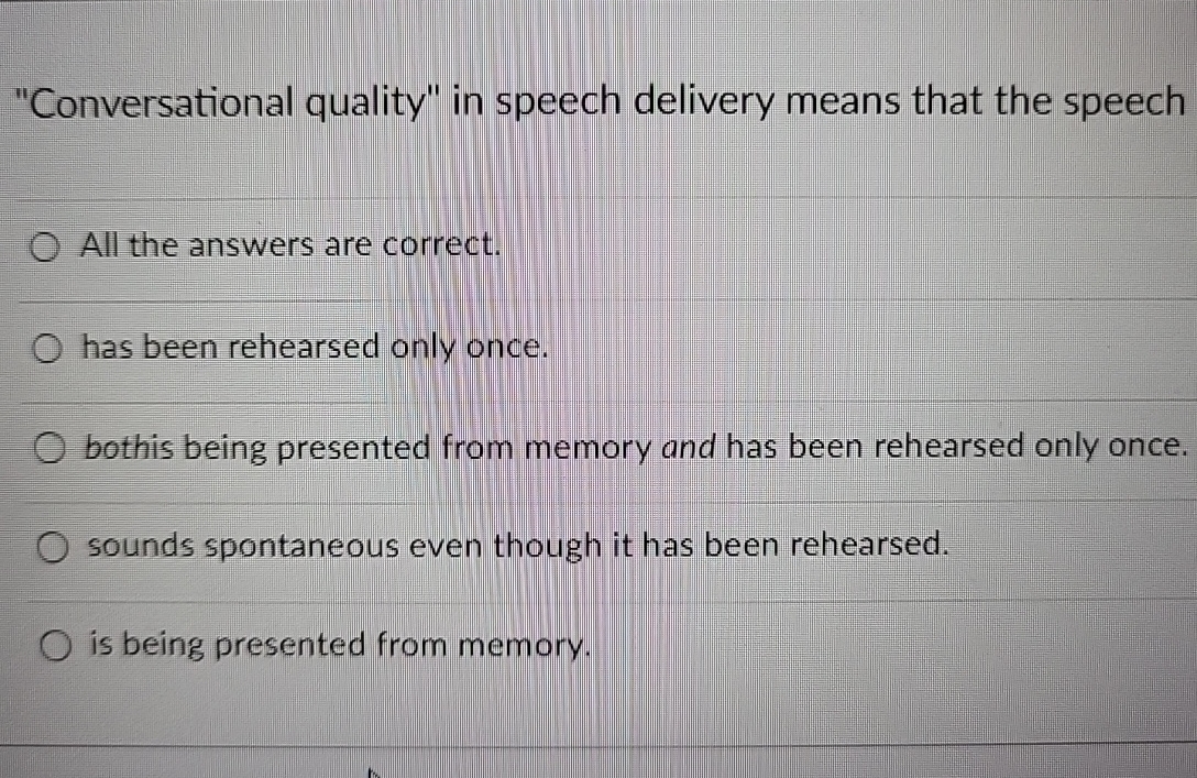 Solved "Conversational quality" in speech delivery means | Chegg.com