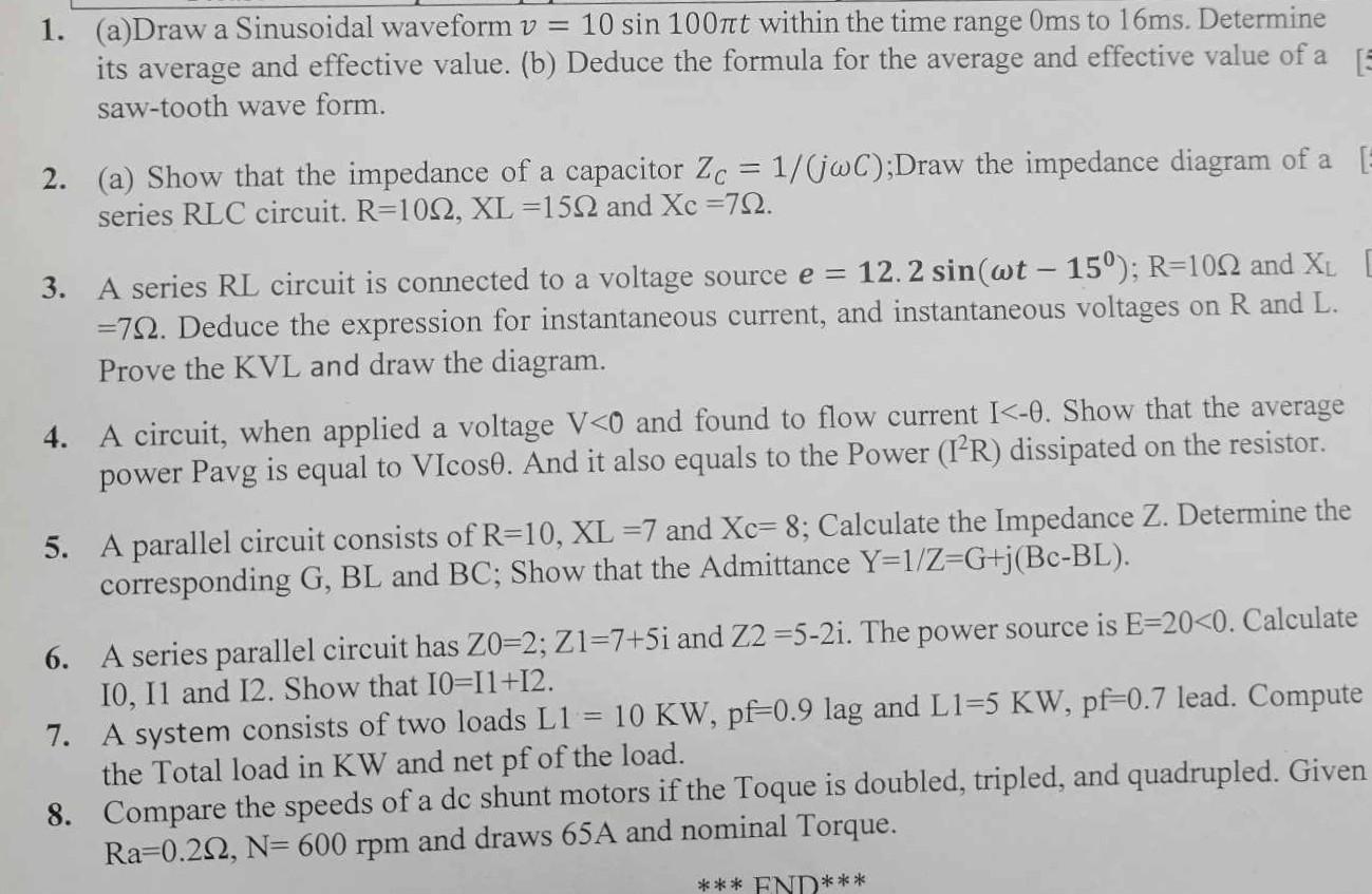 Solved 1. (a)Draw a Sinusoidal waveform v=10sin100πt within | Chegg.com