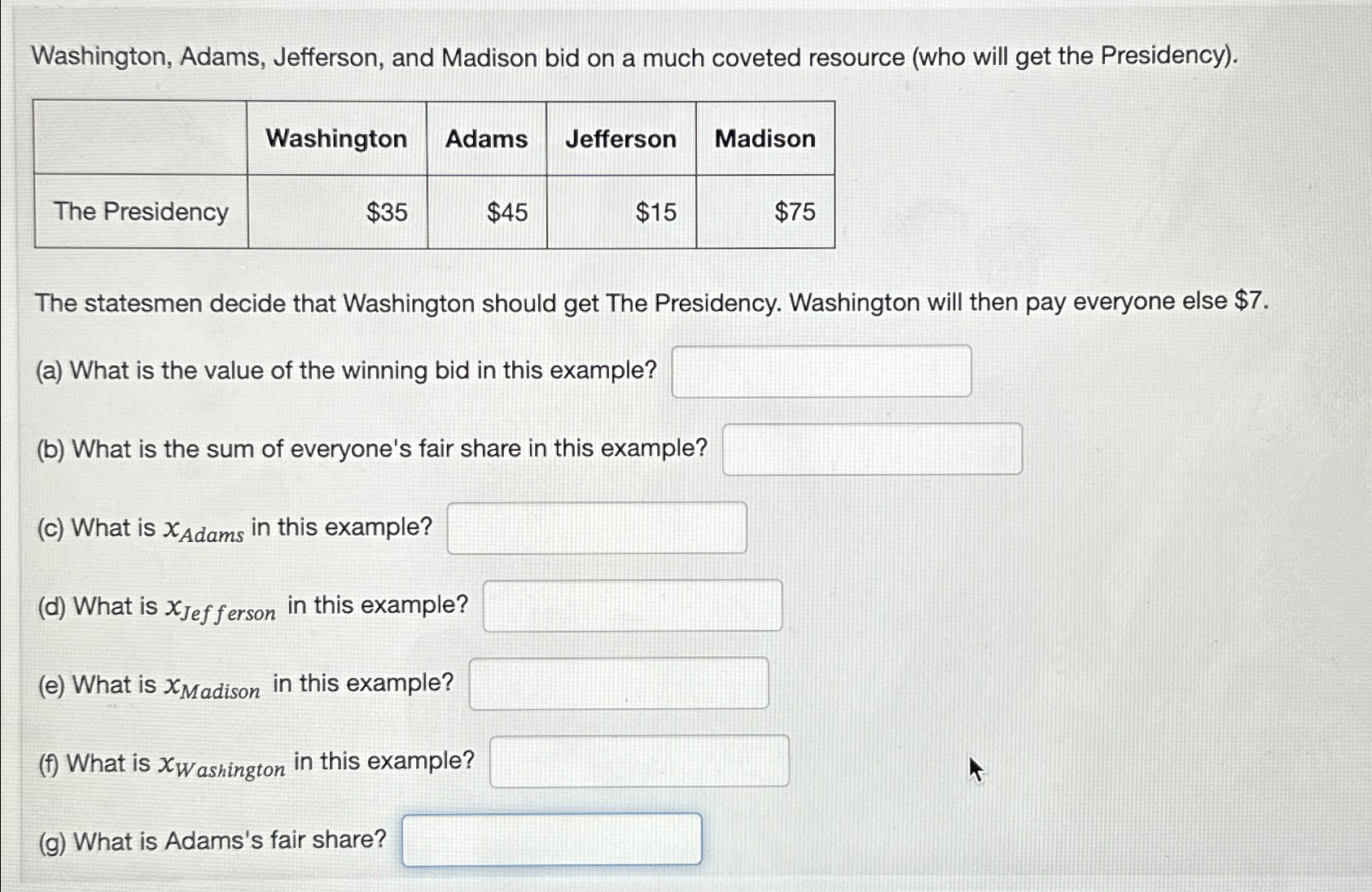 Washington, Adams, Jefferson, and Madison bid on a | Chegg.com