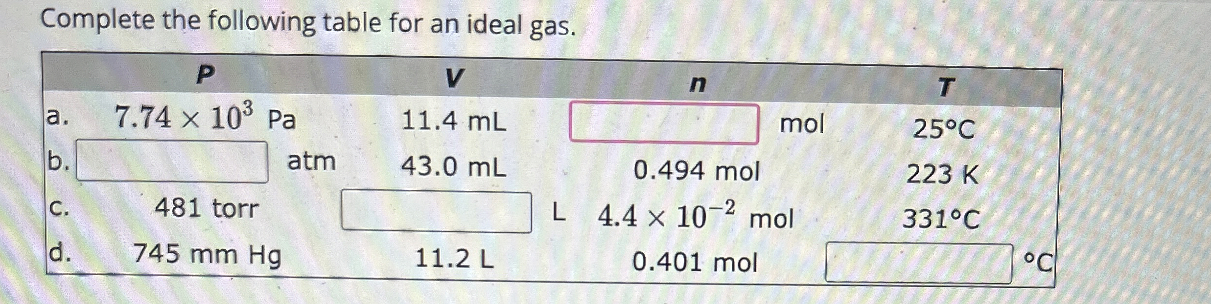 Solved Complete the following table for an ideal | Chegg.com