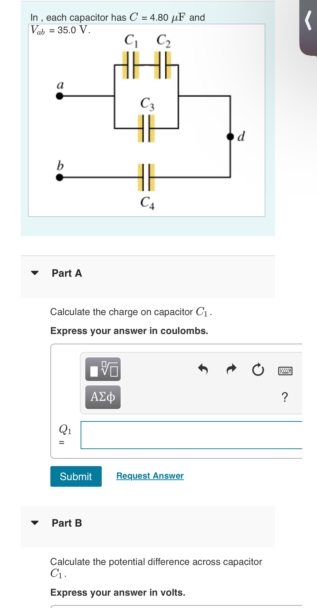 Solved In , ﻿each capacitor has C=4.80μF ﻿andT-Part | Chegg.com