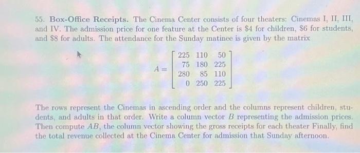 Solved 55. Box-Office Receipts. The Cinema Center consists | Chegg.com