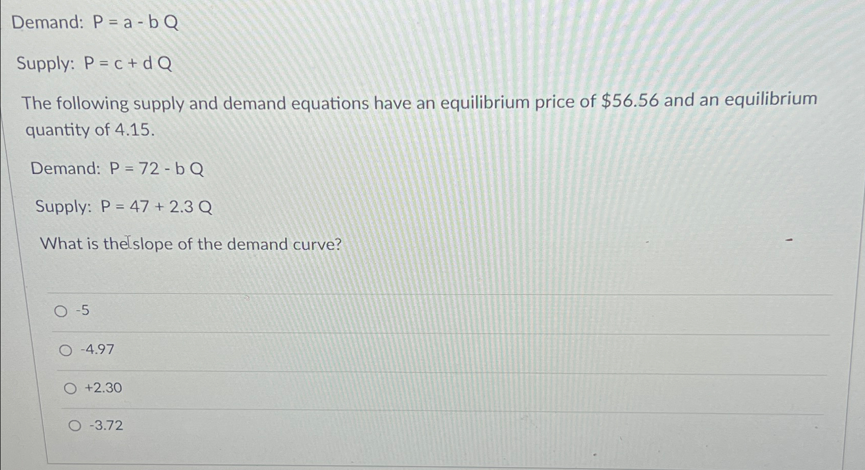 Solved Demand: P=a-bQSupply: P=c+dQThe following supply and | Chegg.com