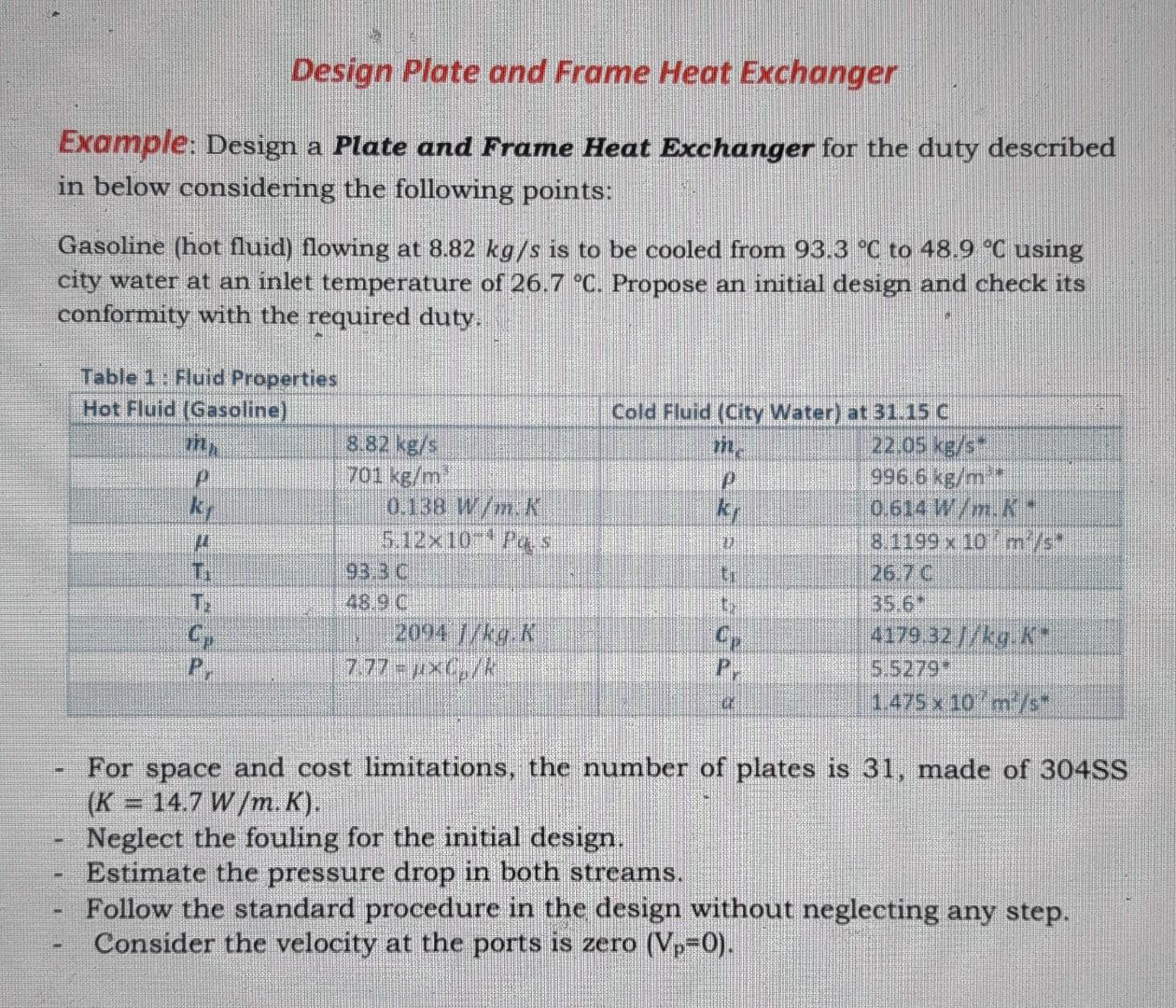 Design Plate and Frame Heat Exchanger Example: Design | Chegg.com