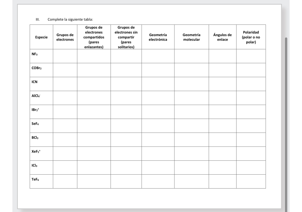 Solved III. Complete la siguiente | Chegg.com