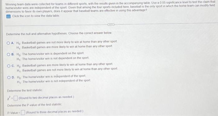 Solved Winning team data were collected for teams in | Chegg.com