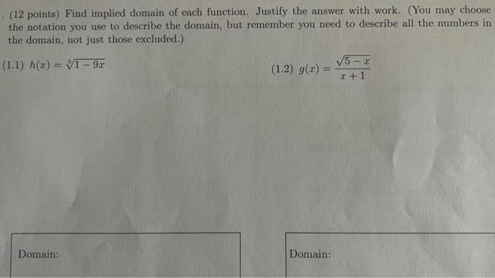 Solved (12 points) Find implied domain of each function. | Chegg.com