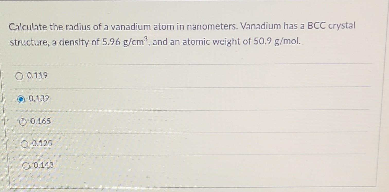 Solved Calculate the radius of a vanadium atom in | Chegg.com