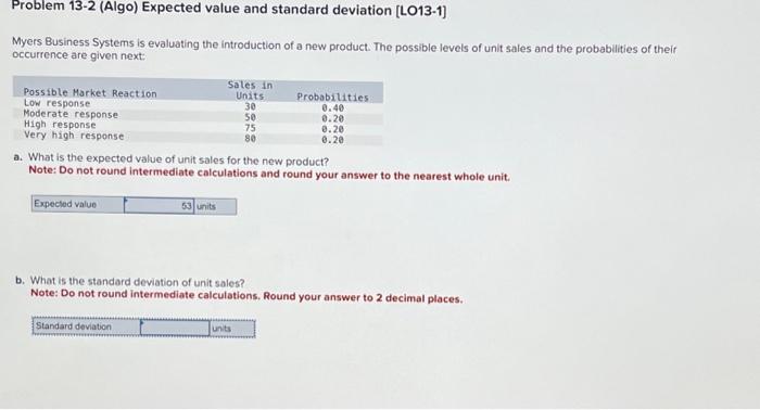 Solved Problem 13-2 (Algo) Expected value and standard | Chegg.com