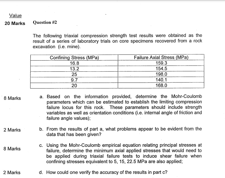 Solved Value20 ﻿Marks Question #2The following triaxial | Chegg.com