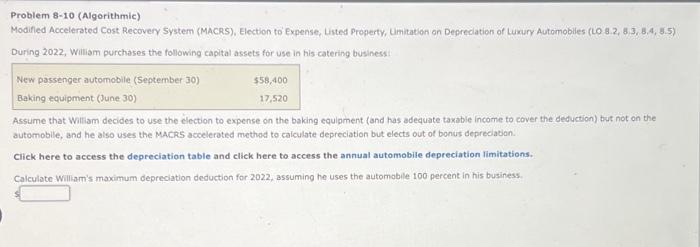Problem 8-10 (Algorithmic) Modifled Accelerated Cost | Chegg.com