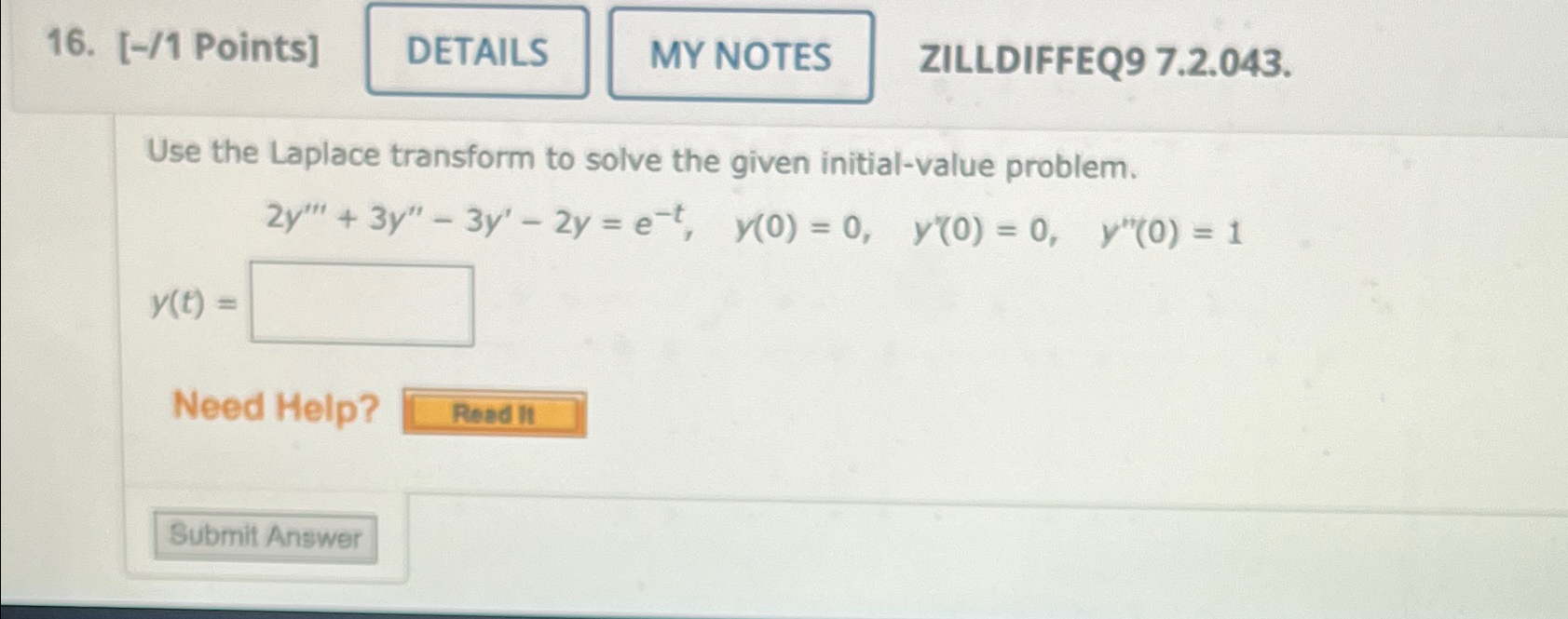 Solved Points]ZILLDIFFEQ9 7.2.043.Use the Laplace transform | Chegg.com