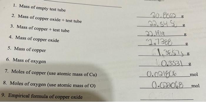 Solved 1. Mass of empty test tube 2. Mass of copper oxide + | Chegg.com
