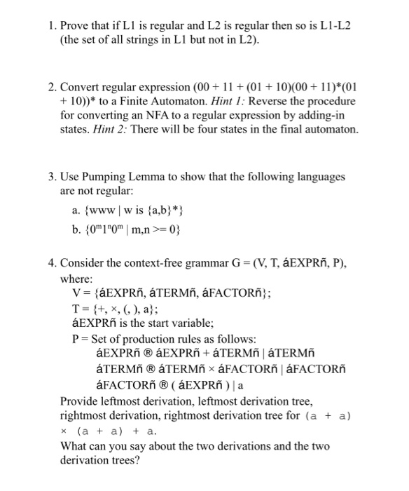 1. Prove that if L1 is regular and L2 is regular then | Chegg.com