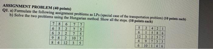 Solved ASSIGNMENT PROBLEM (40 points) Q1. a) Formulate the | Chegg.com