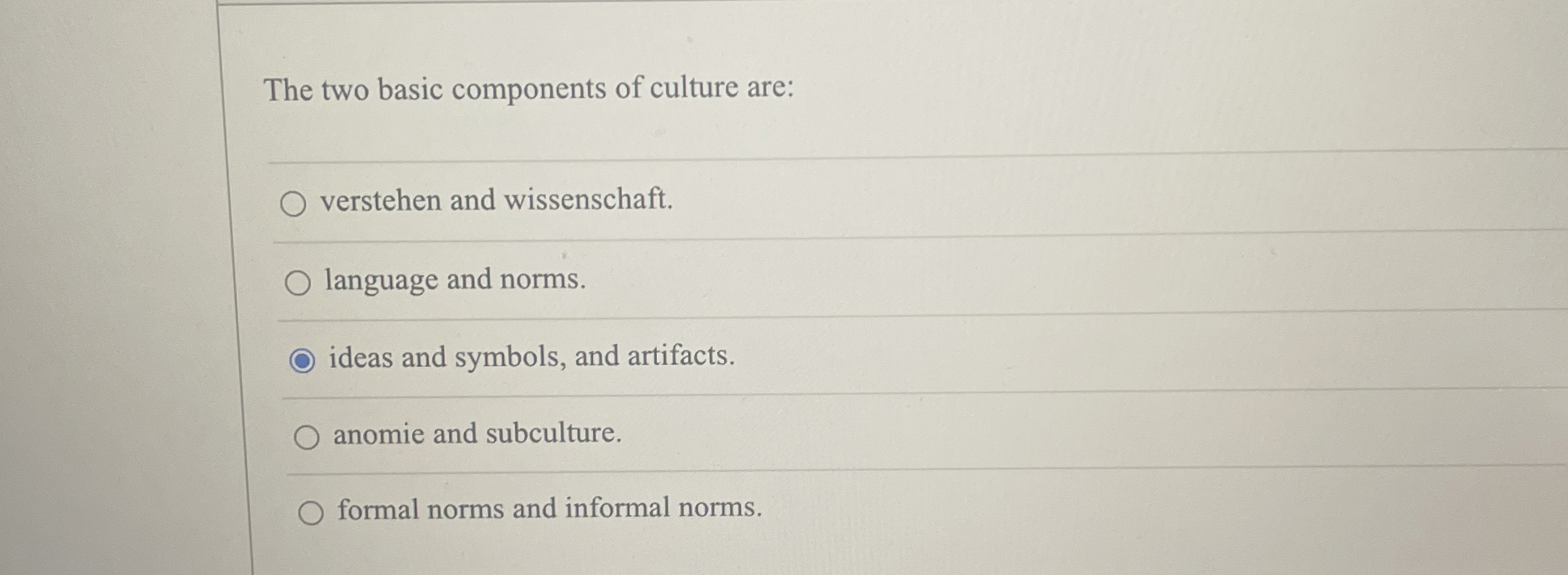Solved The two basic components of culture are:verstehen and | Chegg.com