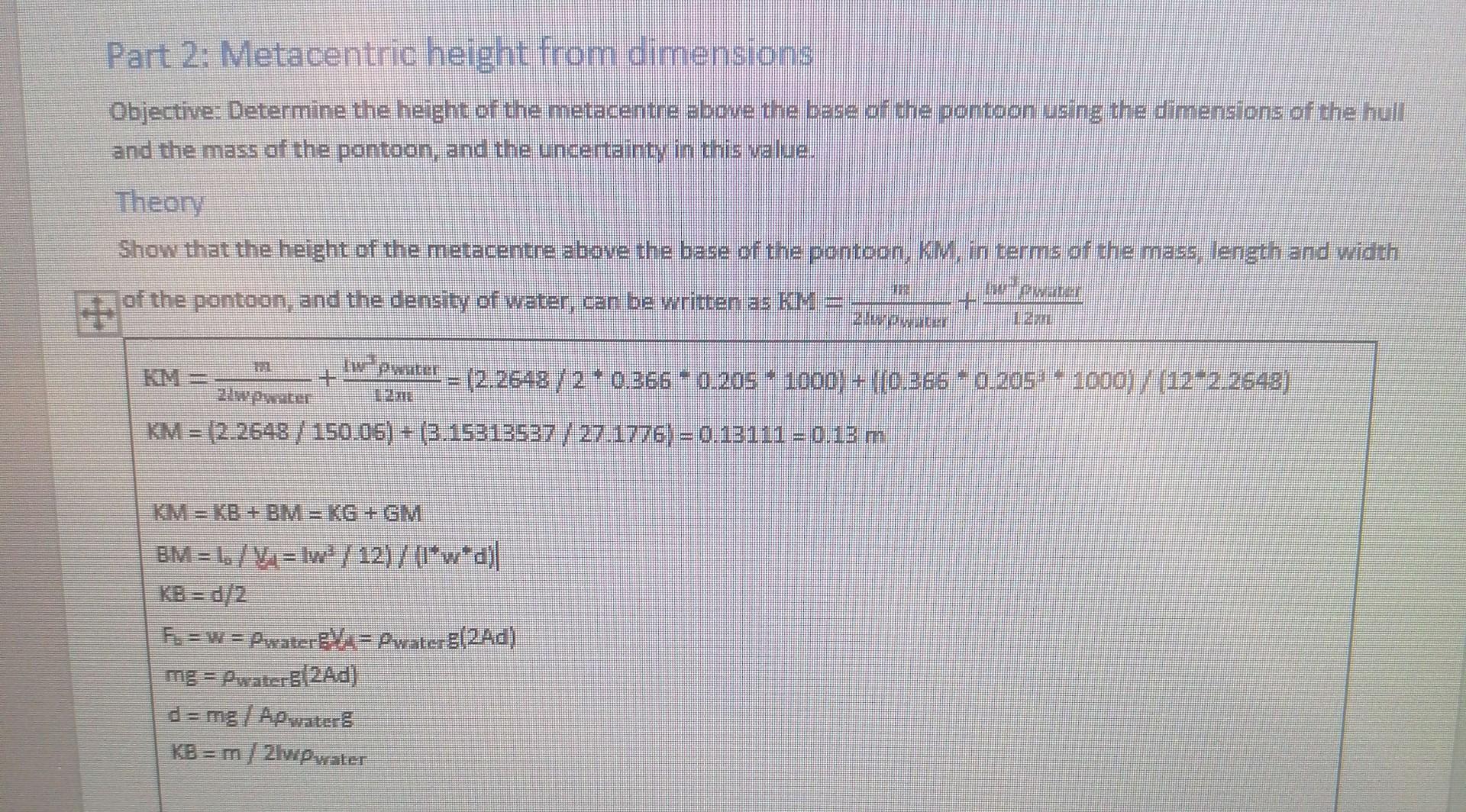 KM=KB+BM=KG+GM BM=1./W1=w3/12)/(∣∗w∗d)∣ KB=d/2 | Chegg.com