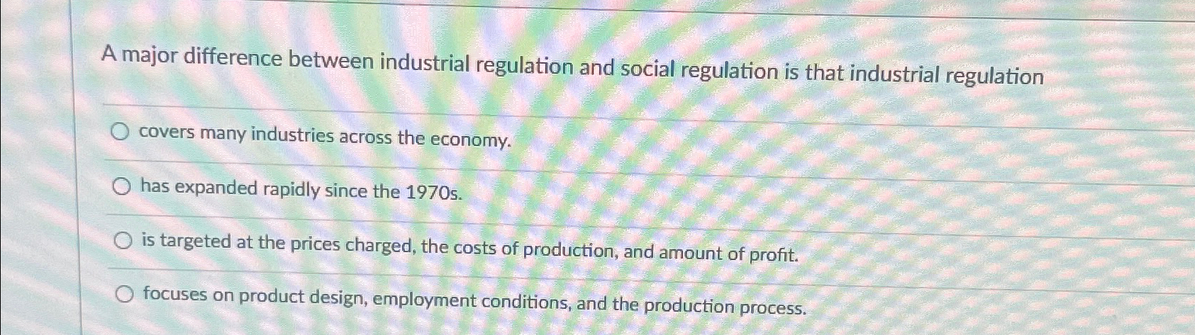 Solved A major difference between industrial regulation and | Chegg.com