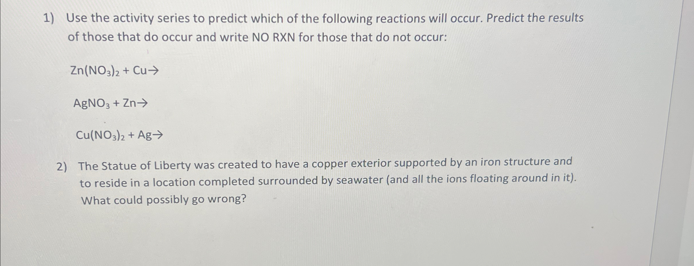 Solved Use the activity series to predict which of the | Chegg.com
