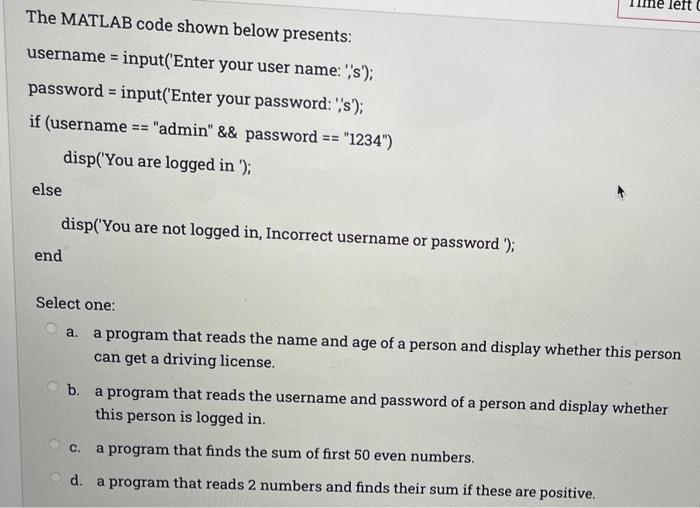 Solved left The MATLAB code shown below presents: username = | Chegg.com