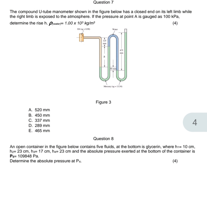 Solved Question 7The compound U-tube manometer shown in the | Chegg.com