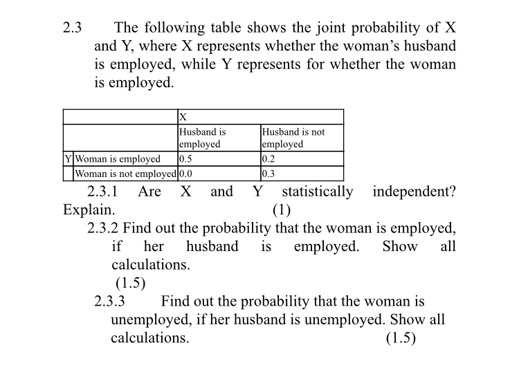 Solved 2.3 ﻿The following table shows the joint probability | Chegg.com