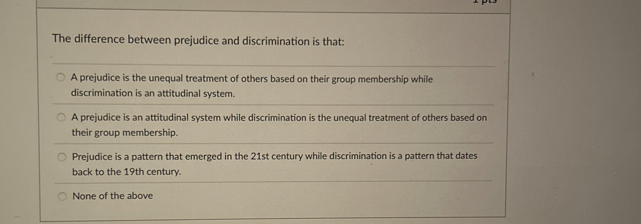 Solved The difference between prejudice and discrimination | Chegg.com