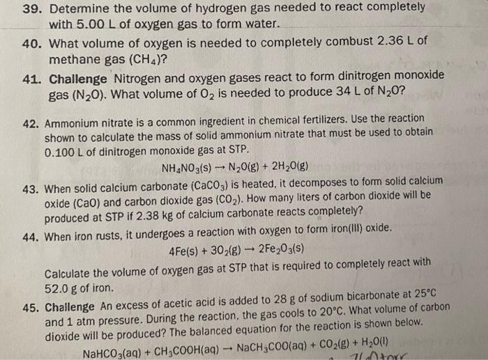 Solved 39. Determine the volume of hydrogen gas needed to | Chegg.com